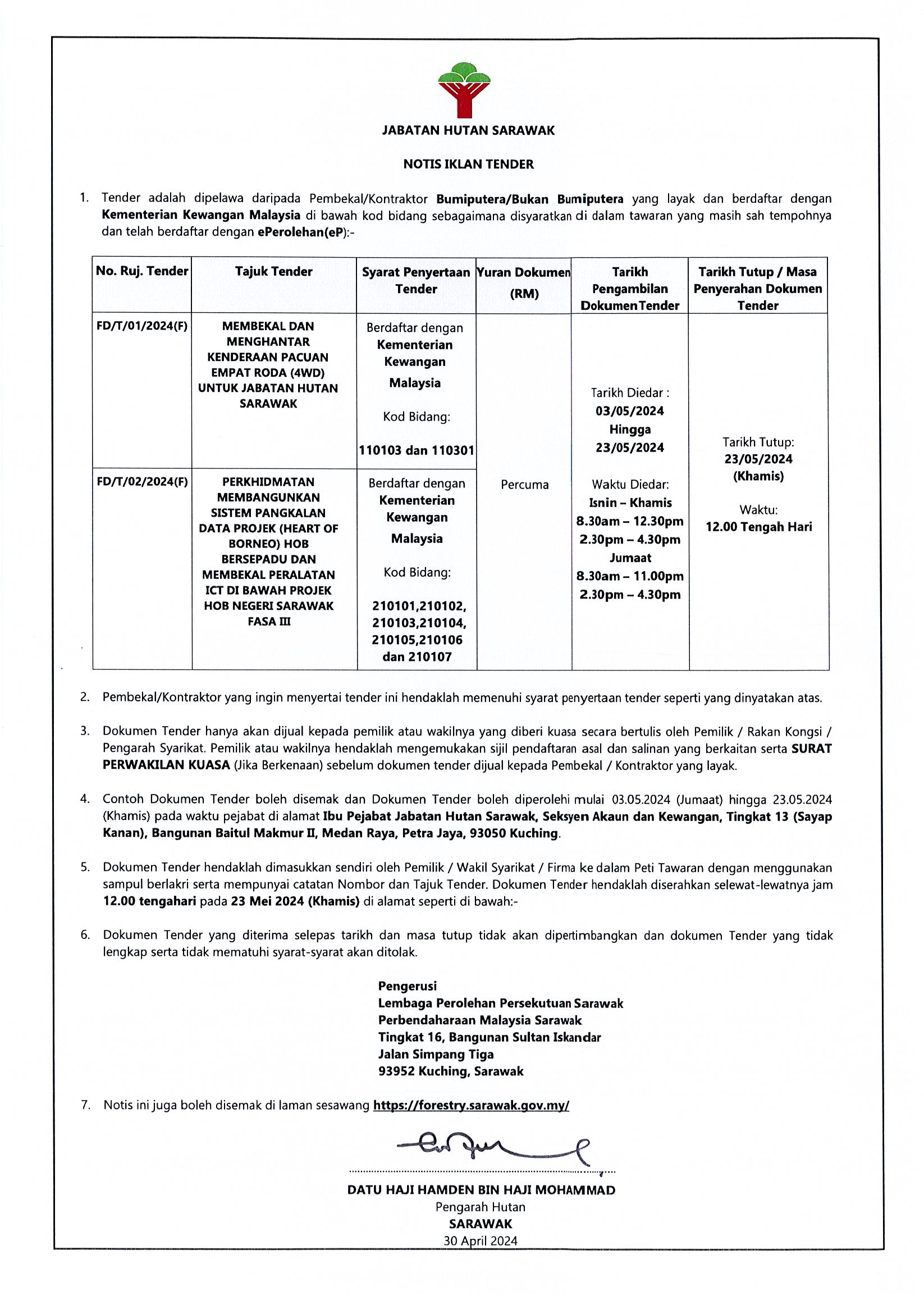 IKLAN SEBUT HARGA MAY 2024 - Official Website of Forest Department Sarawak